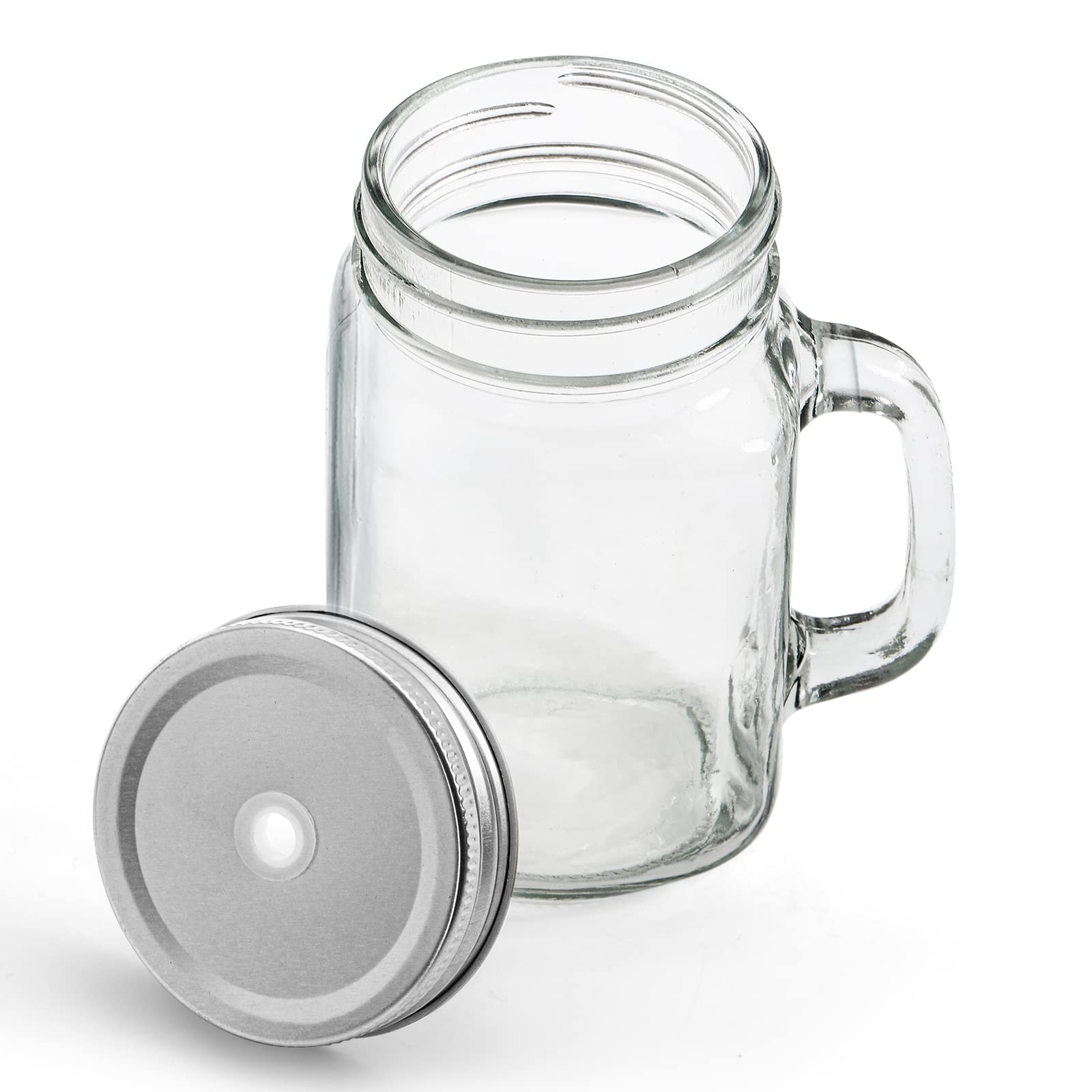 Tosnail 6 Pack 16 oz Glass Mason Jar Mugs with Handle, 12 Tin Lids and 6 Plastic Straws, Old Fashioned Mason Jar Drinking Glasses, Clear Glass Cups for Party and Daily Use