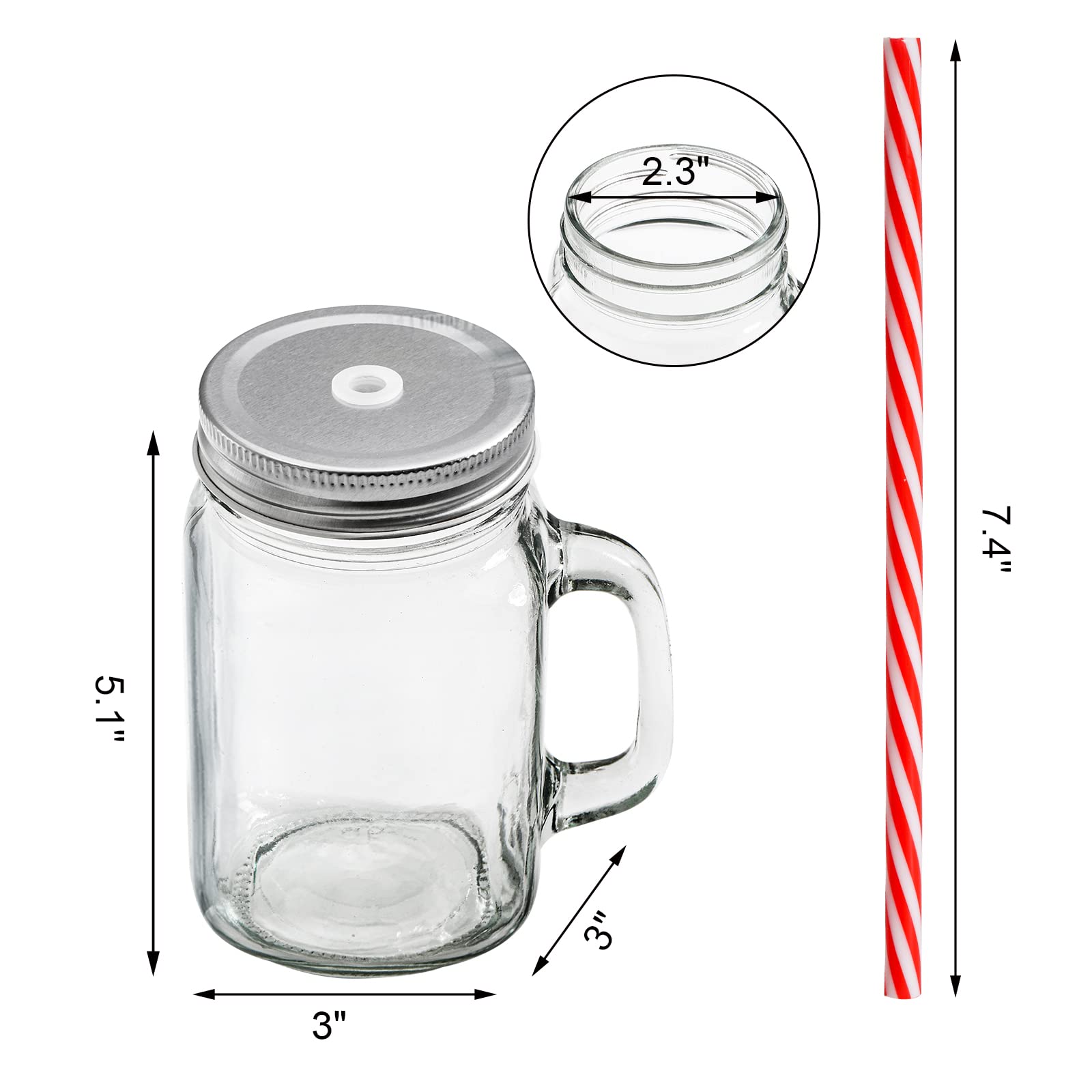 Tosnail 6 Pack 16 oz Glass Mason Jar Mugs with Handle, 12 Tin Lids and 6 Plastic Straws, Old Fashioned Mason Jar Drinking Glasses, Clear Glass Cups for Party and Daily Use