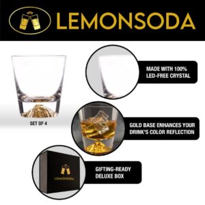 LEMONSODA Whiskey Glasses Set of 4 - Crystal Clear Gold Heavy Base Bourbon Glasses- Old Fashioned Whisky Tumbler 4-Pack - Great Gift Set | SC2027