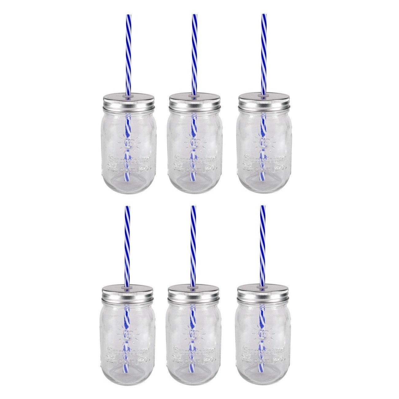 Sunshine Mason Co. Glass Mason Jar Set with Silver Lids and Blue Stripe Straws, Set of 6