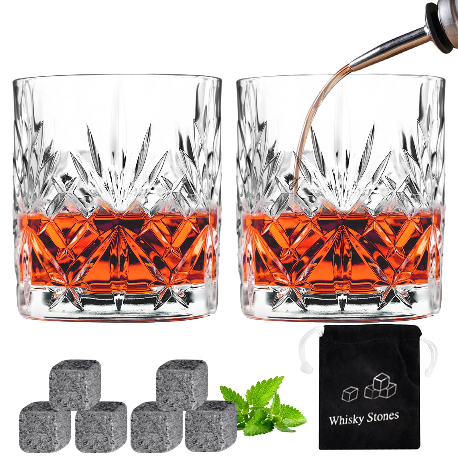 INFTYLE Whiskey Glasses Set of 2 Whisky Glass Rocks Glasses Tumblers 11oz Old Fashioned Glass Bourbon Scotch Drinking Cups for Cognac Cocktail Bourbon Rum Brandy Bar Men Gift