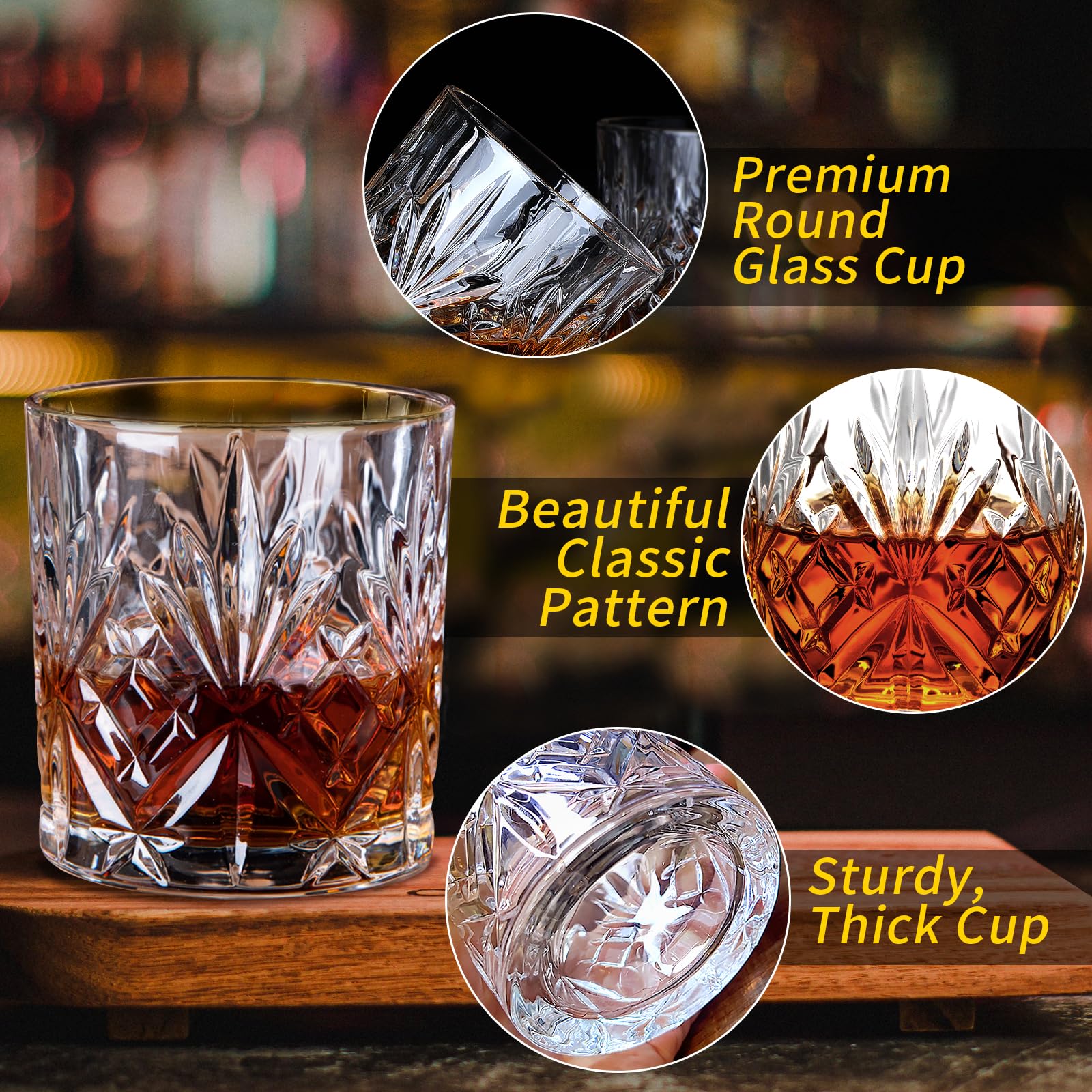 INFTYLE Whiskey Glasses Set of 2 Whisky Glass Rocks Glasses Tumblers 11oz Old Fashioned Glass Bourbon Scotch Drinking Cups for Cognac Cocktail Bourbon Rum Brandy Bar Men Gift