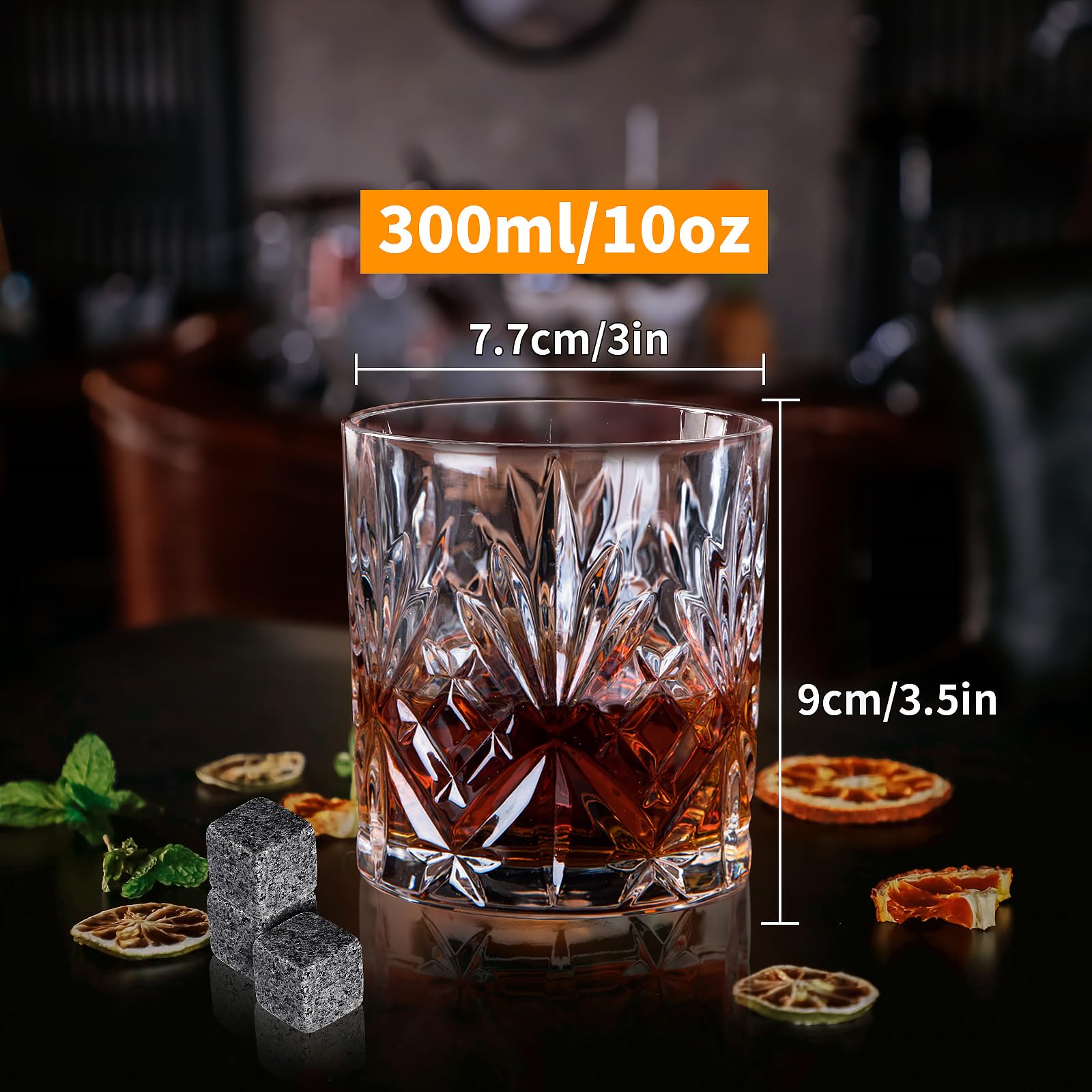 INFTYLE Whiskey Glasses Set of 2 Whisky Glass Rocks Glasses Tumblers 11oz Old Fashioned Glass Bourbon Scotch Drinking Cups for Cognac Cocktail Bourbon Rum Brandy Bar Men Gift