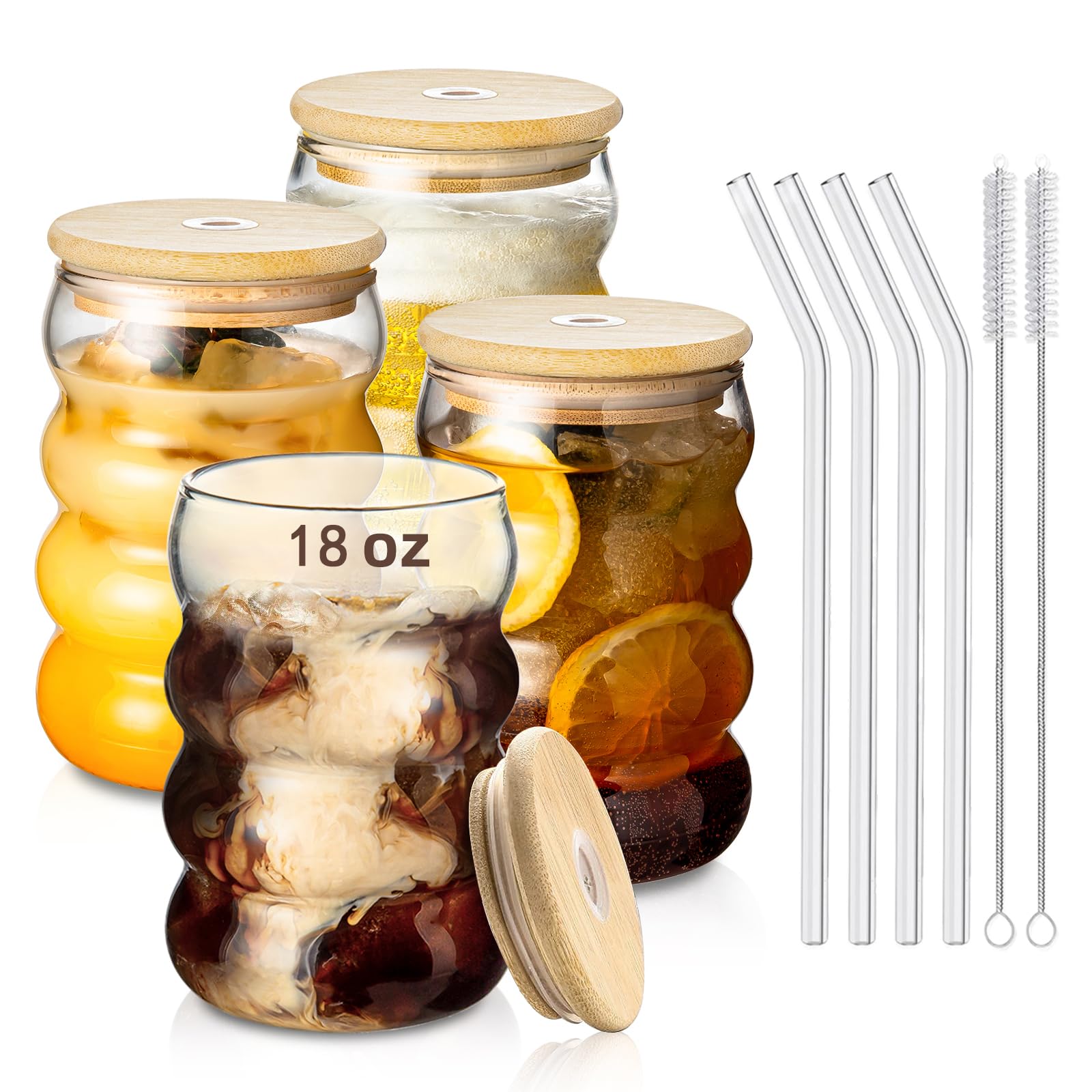 INSETLAN Creative Glass Cups With Lids And Straws-18oz Wave Shape Drinking Glasses of 4 Set, Beer Glasses, Can Shaped Glass Cups, Cute Tumbler Cup, for Cocktail, Juice, Iced Coffee (18 OZ)