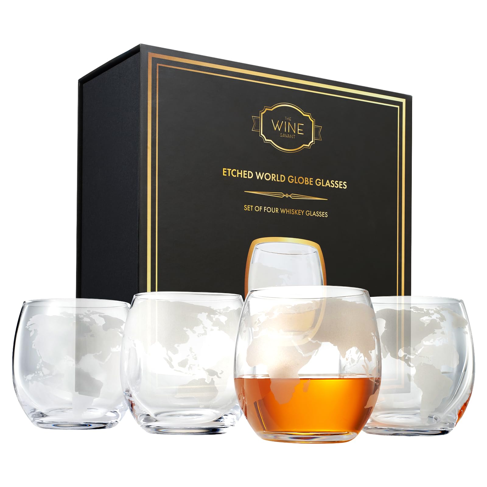 Etched World Globe Glasses 10 oz -Set of 4 by The Wine Savant, Wine, Whiskey, Scotch, Vodka Water or Juice Old Fashion Glasses, World Glasses Etched Globe