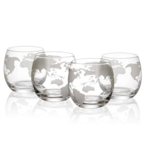 Etched World Globe Glasses 10 oz -Set of 4 by The Wine Savant, Wine, Whiskey, Scotch, Vodka Water or Juice Old Fashion Glasses, World Glasses Etched Globe