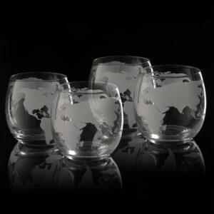 Etched World Globe Glasses 10 oz -Set of 4 by The Wine Savant, Wine, Whiskey, Scotch, Vodka Water or Juice Old Fashion Glasses, World Glasses Etched Globe