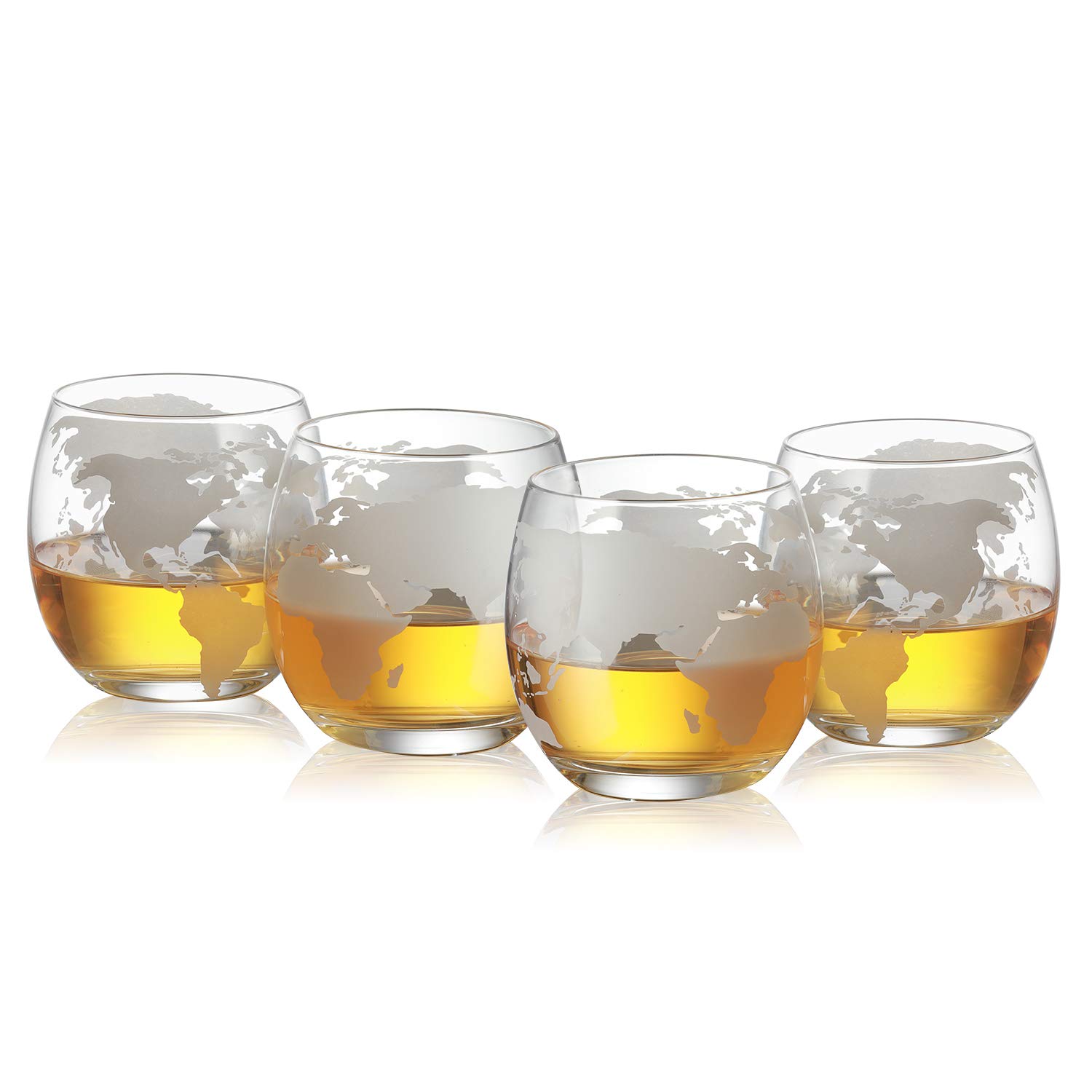 Etched World Globe Glasses 10 oz -Set of 4 by The Wine Savant, Wine, Whiskey, Scotch, Vodka Water or Juice Old Fashion Glasses, World Glasses Etched Globe