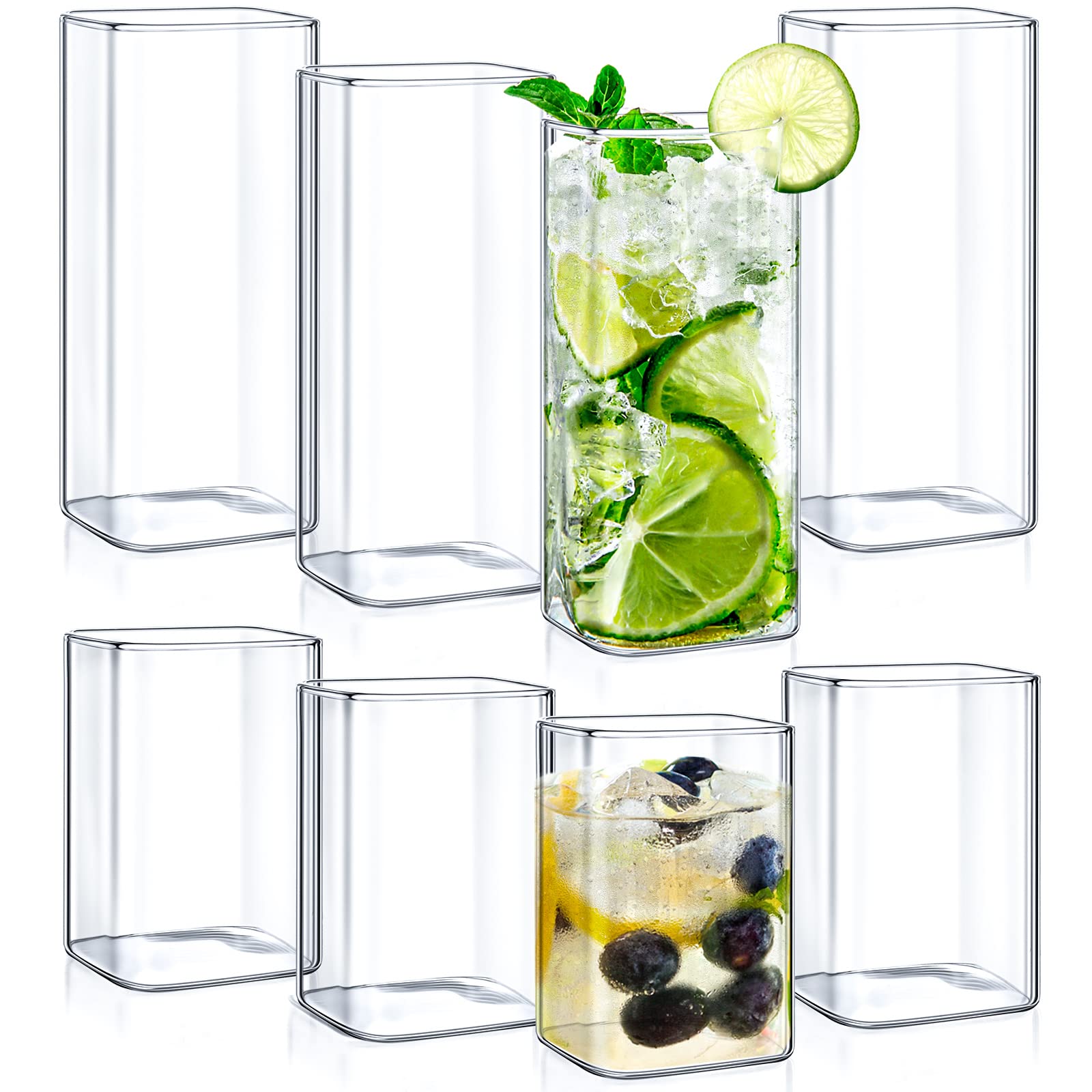 Tessco 8 Set Square Drinking Glasses Square Glass Cup Clear Highball Drink Tumbler for Coffee Beer Juice High Borosilicate Material Light Weight Small Size Short Cute Glass Set (8.5 oz, 12 oz)