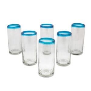 novica artisan handblown glass high ball aqua rim hand clear blue mexico tableware drinkware 'aquamarine kiss' (set of 6)