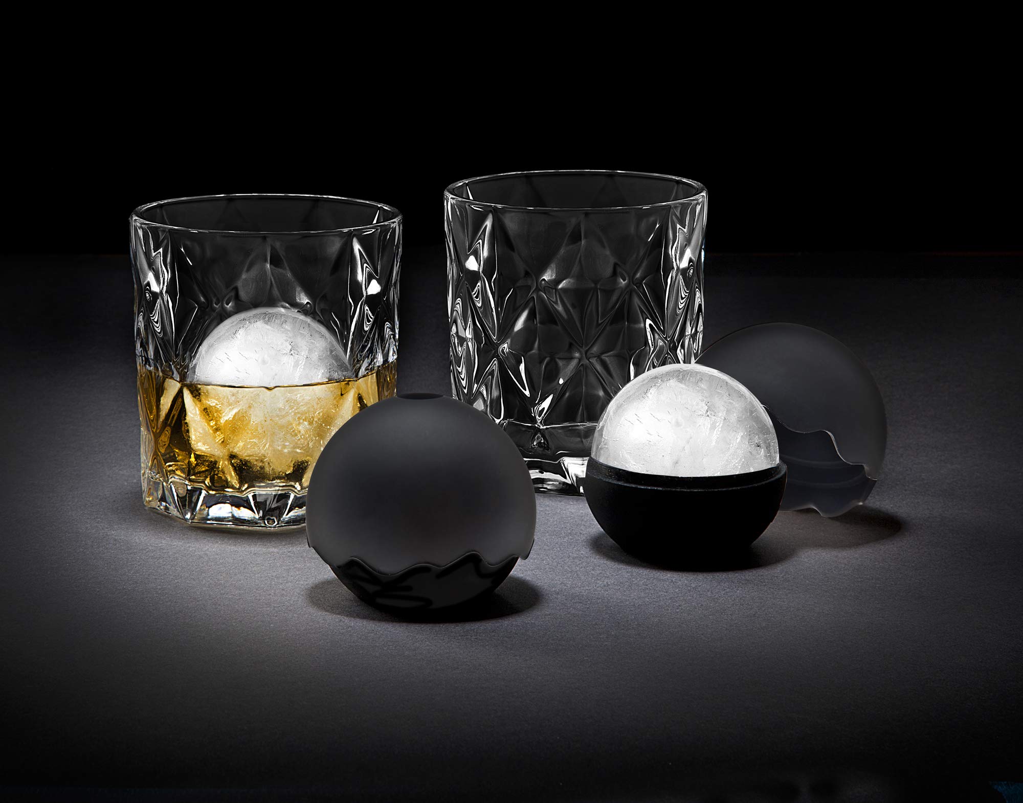 Whiskey Barware Set - 2 Old Fashion Tumbler Glasses with 2 Chilled Whisky Ice Ball Molds