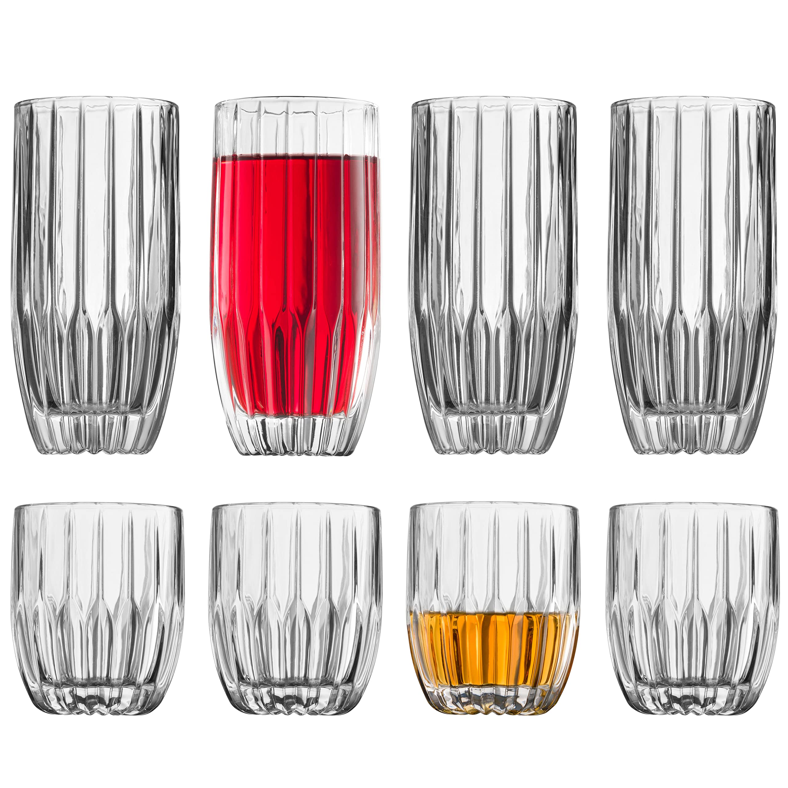 Godinger Drinking Glasses Set, Highball Drinking Glasses and Whiskey Glasses, 8pc Barware Set, Tall Glass Cups, Water Glasses, Cocktail Glasses - 4 Highballs (12oz) and 4 Whiskey Glasses (10oz)