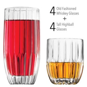 Godinger Drinking Glasses Set, Highball Drinking Glasses and Whiskey Glasses, 8pc Barware Set, Tall Glass Cups, Water Glasses, Cocktail Glasses - 4 Highballs (12oz) and 4 Whiskey Glasses (10oz)