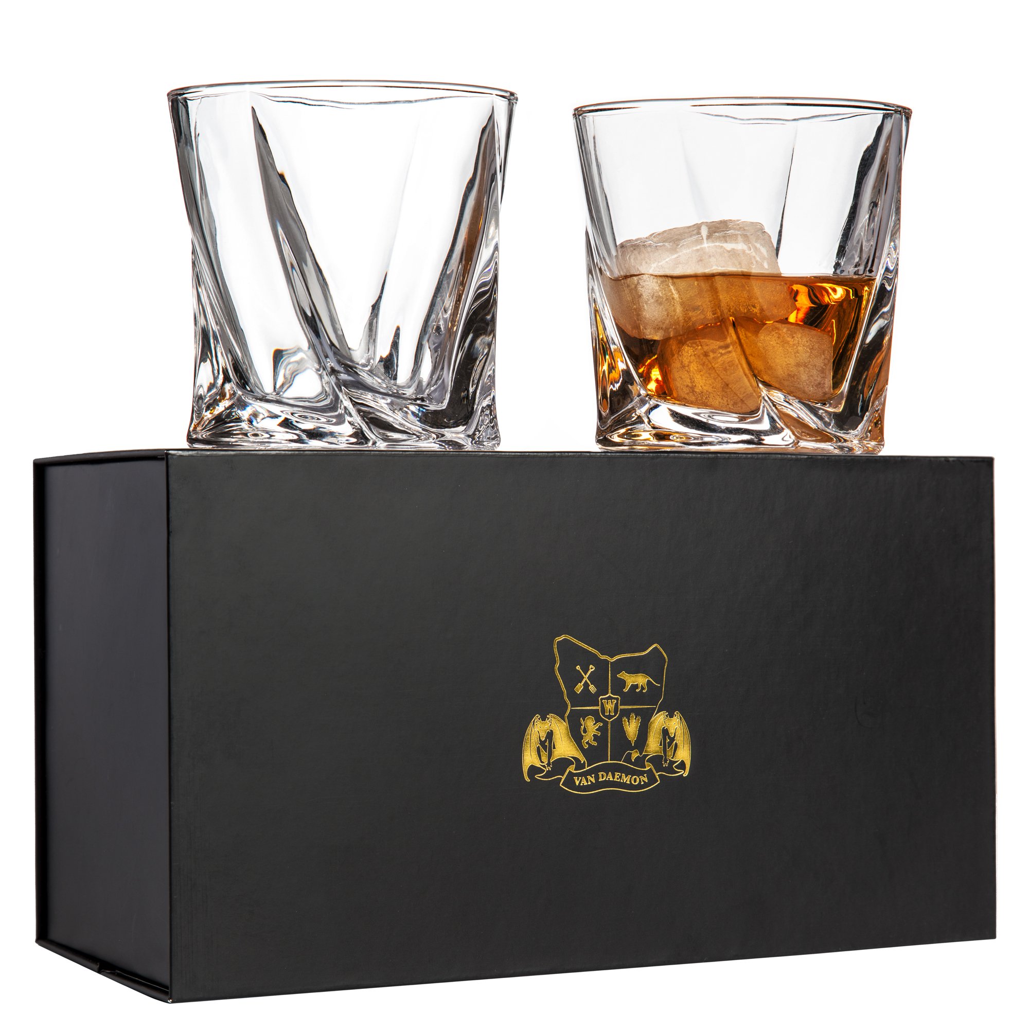 Twist Whiskey Aesthetic Glasses Set of 2, Ultra Clarity Glass Rocks Tumblers (10oz) by Van Daemon for Liquor, Bourbon or Scotch, Perfectly Gift Boxed