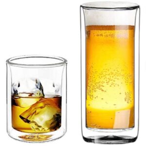 Sun's Tea (Set of 4) Strong Double Wall Glasses - 16oz Highball Beer Glasses and 9oz Old Fashioned Whiskey Glasses (Borosilicate Glass, Not Plastic)