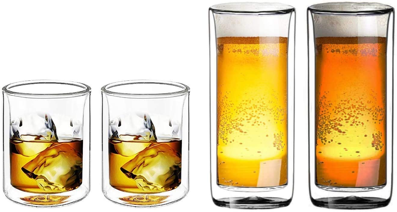 Sun's Tea (Set of 4) Strong Double Wall Glasses - 16oz Highball Beer Glasses and 9oz Old Fashioned Whiskey Glasses (Borosilicate Glass, Not Plastic)