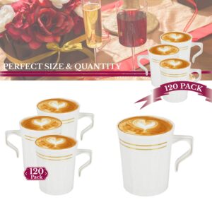 Disposable Plastic Gold Coffee Cups - 120 Pcs Elegant 8 oz Tea Cups for Tea Party, Wedding, Birthday - Recyclable Plastic Tea Cups for Irish Coffee, Cider, Cocoa - Bulk Plastic Party Tumbler Supplies