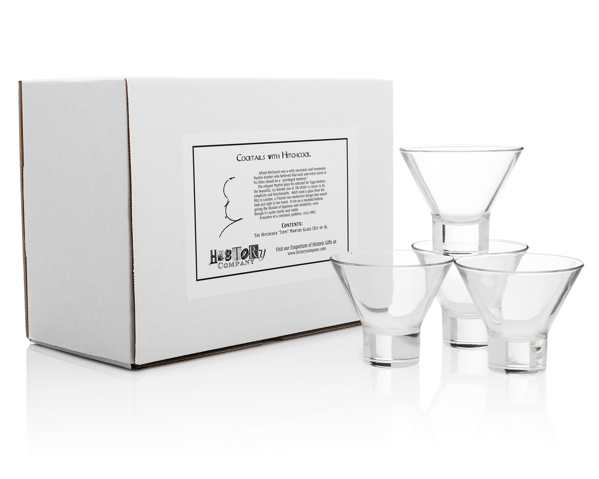 HISTORY COMPANY The Alfred Hitchcock Genuine Original “Tippi” Stemless Martini Cocktail Glass, 4-Piece Set (Gift Box Collection)