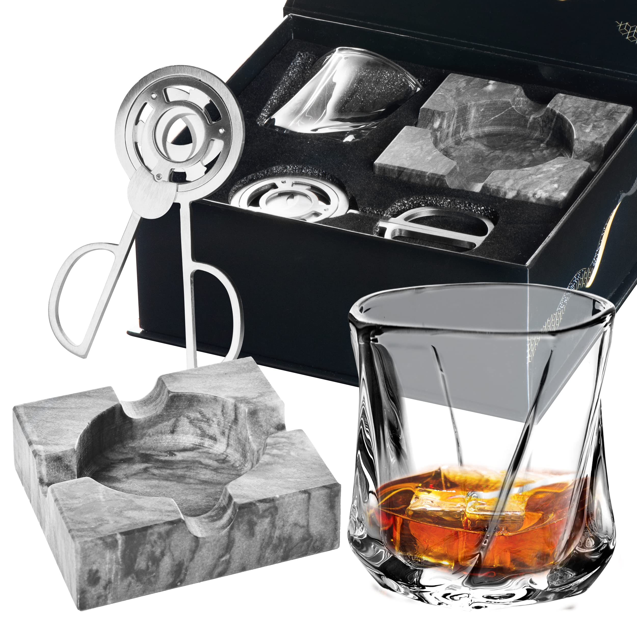 EMCOLLECTION Whiskey Glass Gifts for Men, Bourbon Glasses Old Fashioned | Cigar Cutter Set | Marble Square Cigar Ashtray | Whiskey Glasses Luxury Box | Christmas Gifts for Cigar Lovers