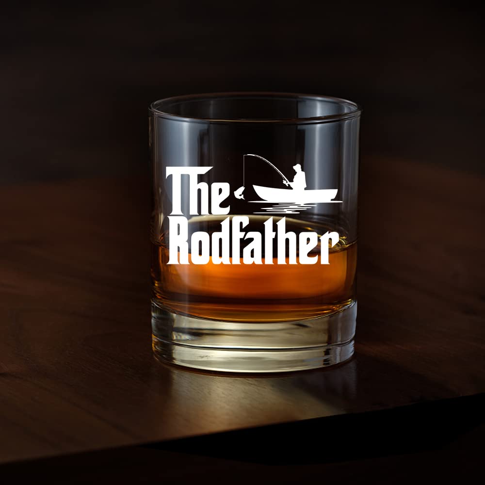 AGMdesign The Rodfather Whiskey Glass, Funny Fishing Rod Father, Father’s Day for Dad Grandpa, Birthday Gift for Men, Gift for Fishing Lovers