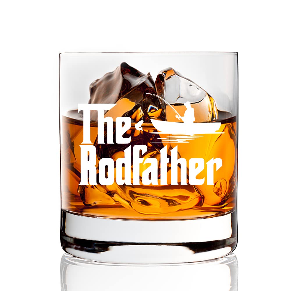 AGMdesign The Rodfather Whiskey Glass, Funny Fishing Rod Father, Father’s Day for Dad Grandpa, Birthday Gift for Men, Gift for Fishing Lovers