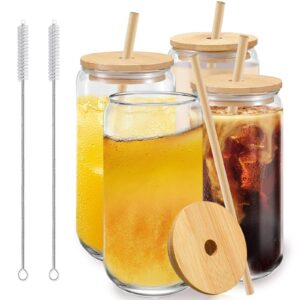 [upgraded] 16oz drinking glasses with bamboo lids and bamboo straws, 4 pack glass cups iced coffee cup, beer glasses, can shaped glass tumbler for whiskey, tea, water, soda, juice, smoothies, gift