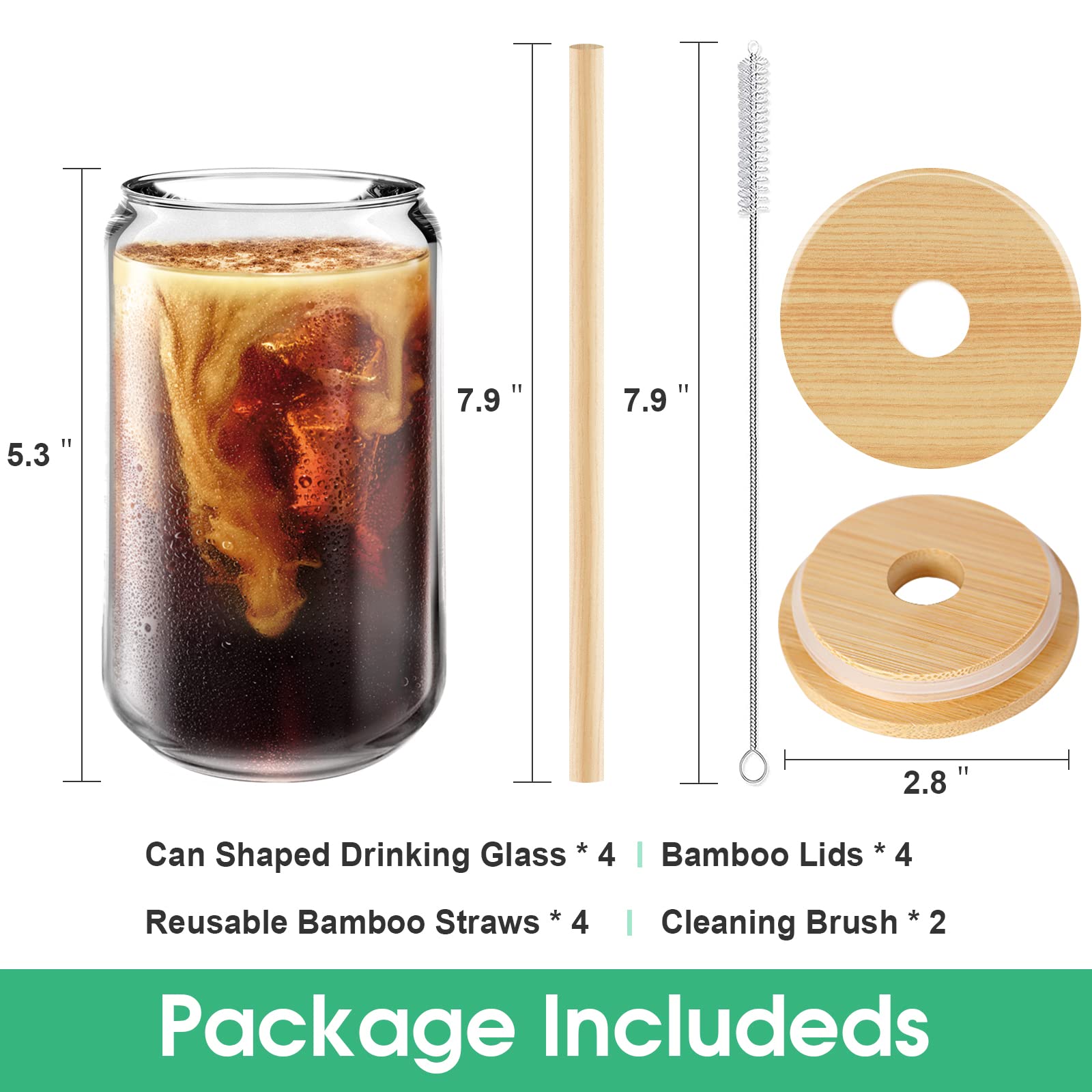 [Upgraded] 16oz Drinking Glasses with Bamboo Lids and Bamboo Straws, 4 Pack Glass Cups Iced Coffee Cup, Beer Glasses, Can Shaped Glass Tumbler for Whiskey, Tea, Water, Soda, Juice, Smoothies, Gift