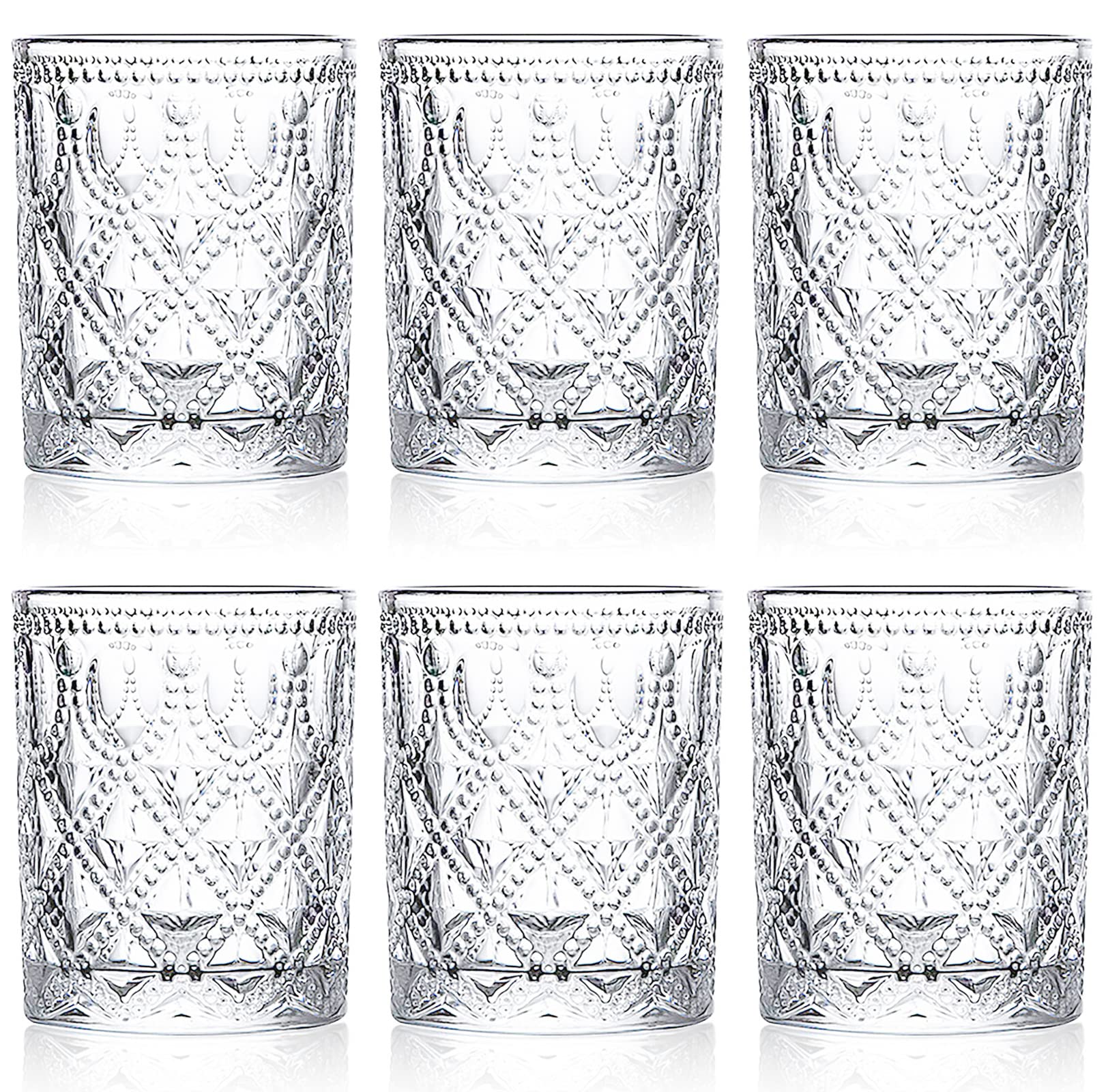 Yesland 6 Pack Vintage Drinking Glasses, 10 oz Clear Hobnail Glasses Tumbler - Embossed Water Glassware Set for Juice, Beverages, Beer, Cocktail, Whisky, Dinner Parties, Bars, Restaurants