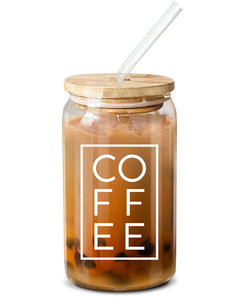 NewEleven Cute Glass Coffee Cups With Lids And Straw – Aesthetic Cups – Iced Coffee Cup, Coffee Tumbler, Glass Tumbler – Cute Gifts For Women, Coffee Lover - 16 Oz Coffee Glass