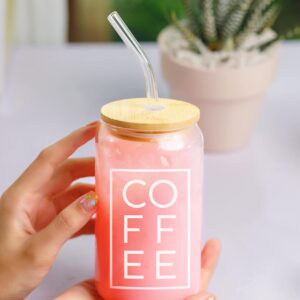 NewEleven Cute Glass Coffee Cups With Lids And Straw – Aesthetic Cups – Iced Coffee Cup, Coffee Tumbler, Glass Tumbler – Cute Gifts For Women, Coffee Lover - 16 Oz Coffee Glass