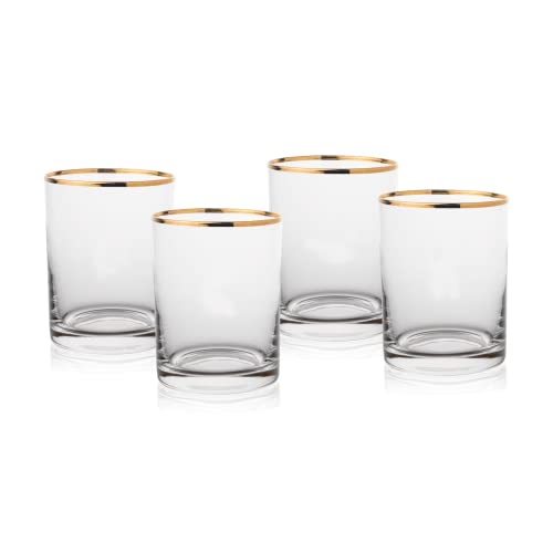 Whiskey Glasses - Set of 4, 11oz Scotch Glasses, Gold Rimmed Whiskey Glasses, Bar Glassware, Unique and Classy Lowball Glass Set for Whiskey, Bourbon, and Scotch Lovers