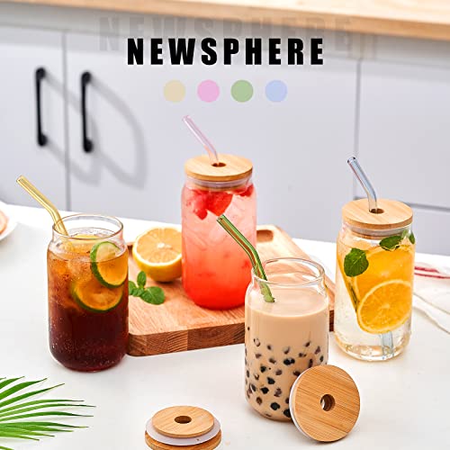 Newsphere Drinking Glasses with Bamboo Lids and Glass Straw 4pcs 16oz Beer Cup Glass Set, Cocktail Glasses, Iced Tea Glasses, Iced Coffee Glasses, Soda Glass Tumbler, Blue