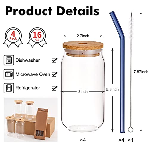 Newsphere Drinking Glasses with Bamboo Lids and Glass Straw 4pcs 16oz Beer Cup Glass Set, Cocktail Glasses, Iced Tea Glasses, Iced Coffee Glasses, Soda Glass Tumbler, Blue