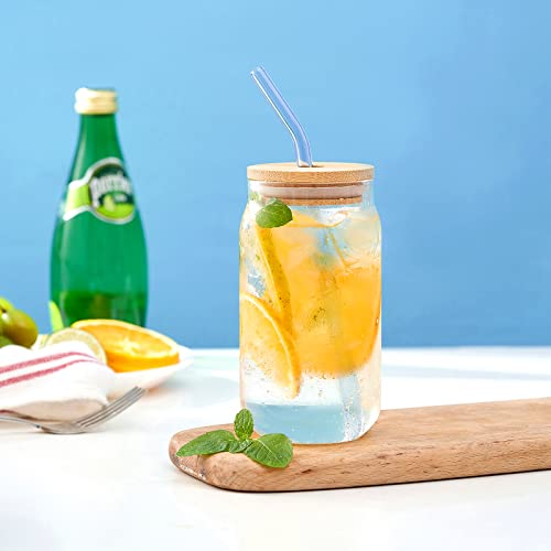 Newsphere Drinking Glasses with Bamboo Lids and Glass Straw 4pcs 16oz Beer Cup Glass Set, Cocktail Glasses, Iced Tea Glasses, Iced Coffee Glasses, Soda Glass Tumbler, Blue