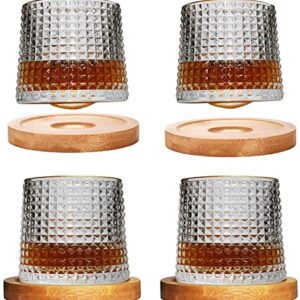 Cyauatt Spinning Whiskey Glasses 6.2oz Set of 4,Rotatable Tumbler Crystal Glasses with Bamboo Coasters,Rotating Old Fashioned Glasses,Perfect Drinking Gifts Suitable for Scotch,Brandy,Cocktail,Rum