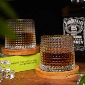 Cyauatt Spinning Whiskey Glasses 6.2oz Set of 4,Rotatable Tumbler Crystal Glasses with Bamboo Coasters,Rotating Old Fashioned Glasses,Perfect Drinking Gifts Suitable for Scotch,Brandy,Cocktail,Rum