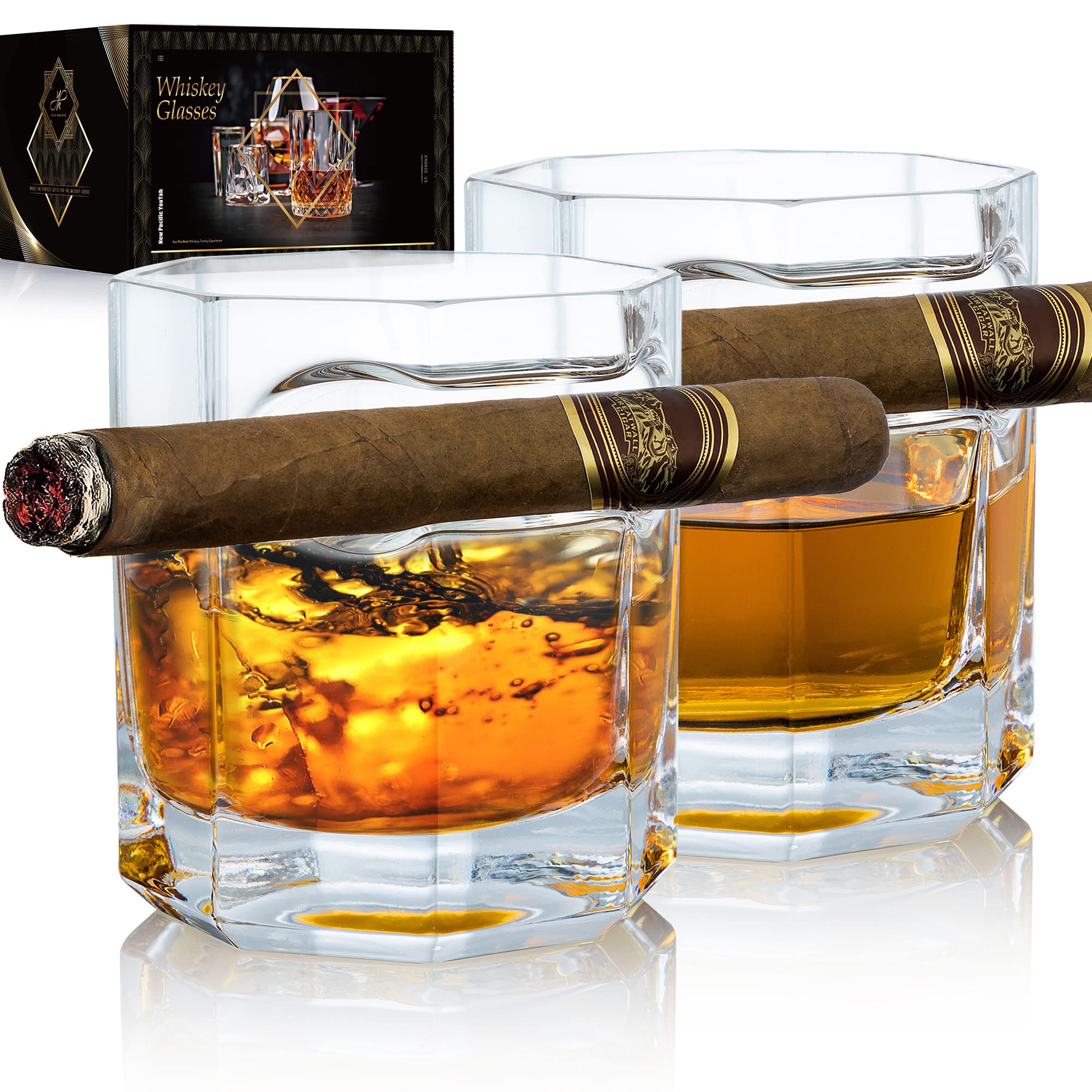 YouYah Cigar Whiskey Glasses with Cigar Holder-Set of 2, Cigar Accessories, Crystal Whisky Glass Set with Indented Cigar Rest for Brandy, Cocktail, Gifts for Men(8.5oz)