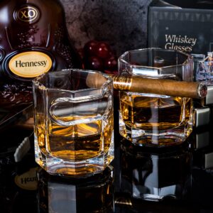 YouYah Cigar Whiskey Glasses with Cigar Holder-Set of 2, Cigar Accessories, Crystal Whisky Glass Set with Indented Cigar Rest for Brandy, Cocktail, Gifts for Men(8.5oz)