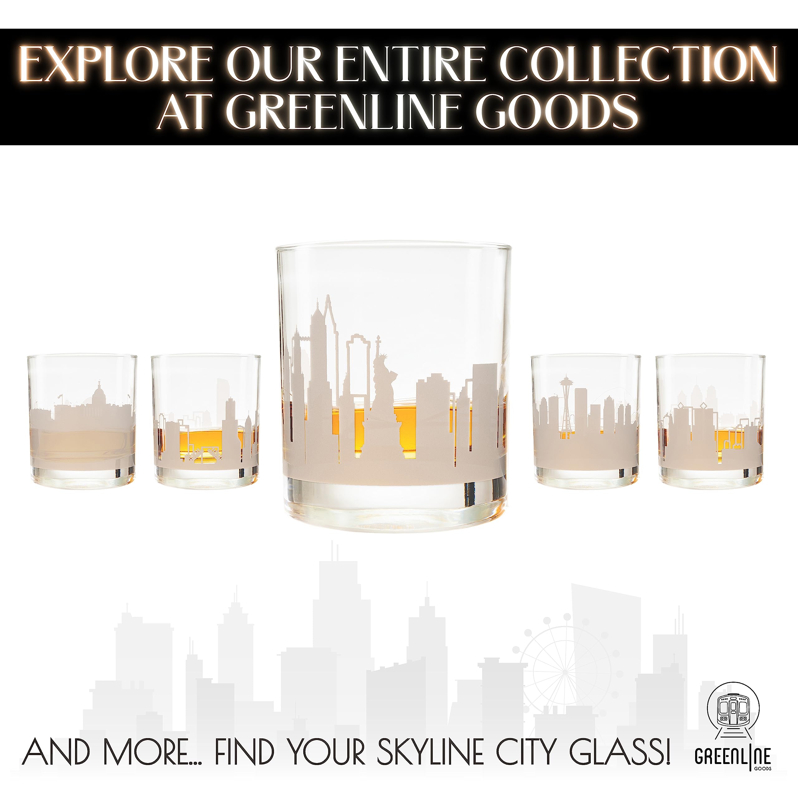 Greenline Goods Whiskey Glasses - 10 Oz Tumbler for New York Lovers (Single Glass) - Etched with New York Skyline - Old Fashioned Rocks Glass