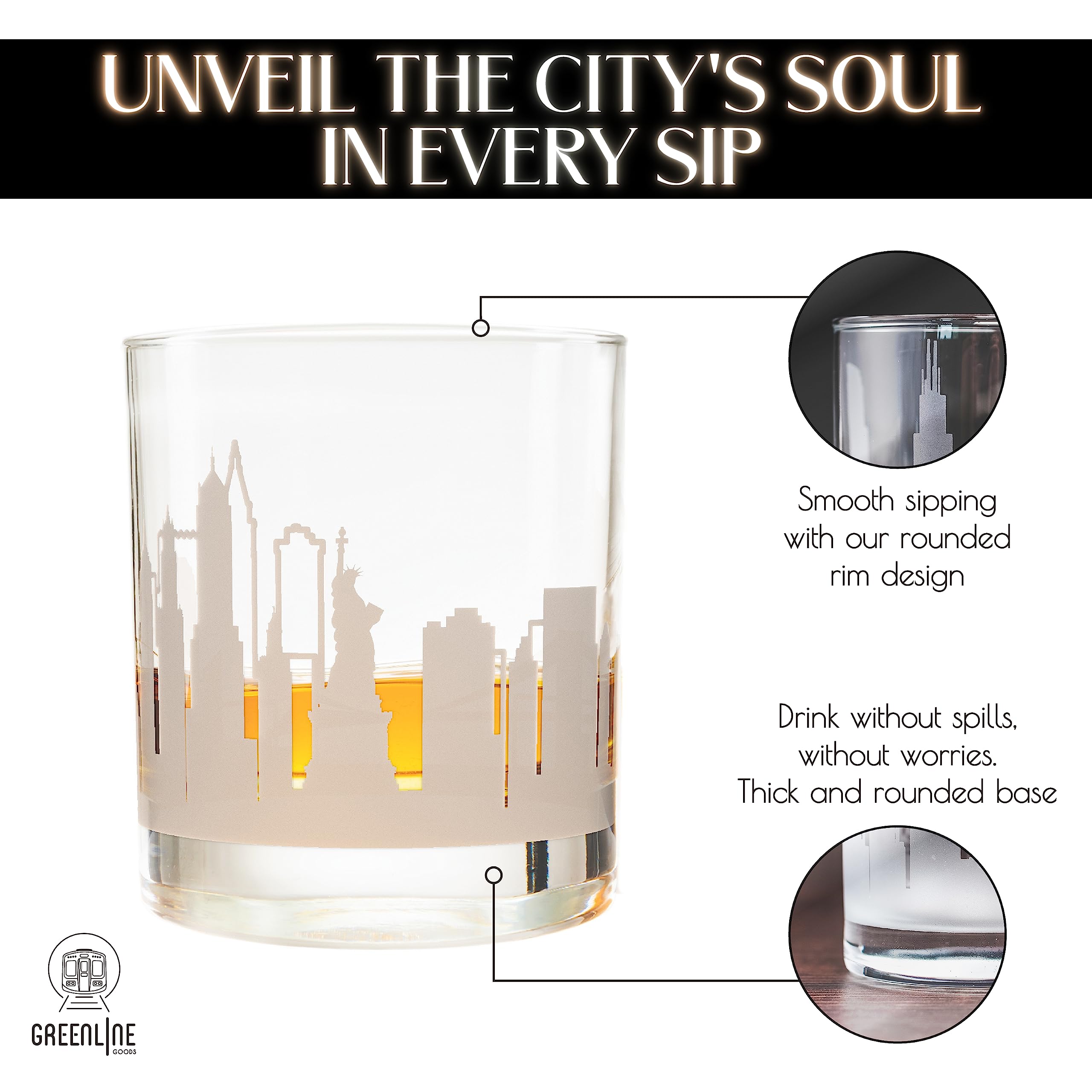 Greenline Goods Whiskey Glasses - 10 Oz Tumbler for New York Lovers (Single Glass) - Etched with New York Skyline - Old Fashioned Rocks Glass