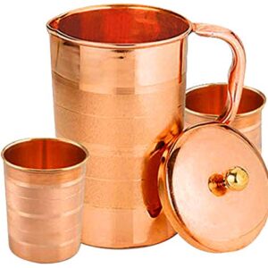 Copper Pitcher and 2 Tumbler Set, Pure Copper Jug, Handmade, 54 Ounce, Best for Water, Ayurveda, Moscow Mule, Cocktails