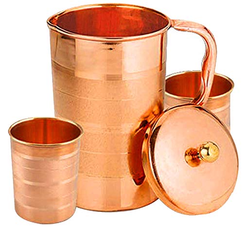 Copper Pitcher and 2 Tumbler Set, Pure Copper Jug, Handmade, 54 Ounce, Best for Water, Ayurveda, Moscow Mule, Cocktails