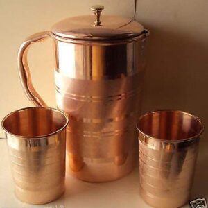 Copper Pitcher and 2 Tumbler Set, Pure Copper Jug, Handmade, 54 Ounce, Best for Water, Ayurveda, Moscow Mule, Cocktails