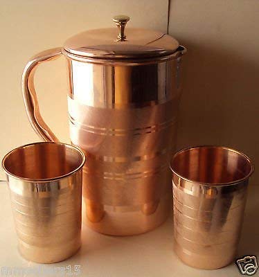 Copper Pitcher and 2 Tumbler Set, Pure Copper Jug, Handmade, 54 Ounce, Best for Water, Ayurveda, Moscow Mule, Cocktails