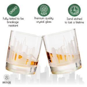 Greenline Goods Whiskey Glasses - 10 Oz Tumbler for New York Lovers (Single Glass) - Etched with New York Skyline - Old Fashioned Rocks Glass