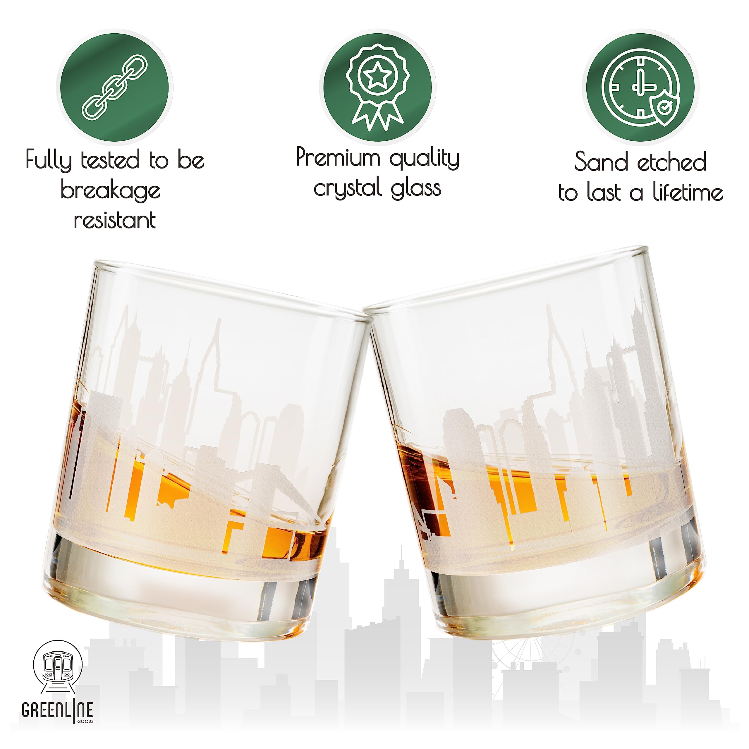 Greenline Goods Whiskey Glasses - 10 Oz Tumbler for New York Lovers (Single Glass) - Etched with New York Skyline - Old Fashioned Rocks Glass