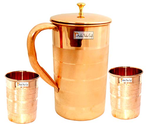 Copper Pitcher and 2 Tumbler Set, Pure Copper Jug, Handmade, 54 Ounce, Best for Water, Ayurveda, Moscow Mule, Cocktails