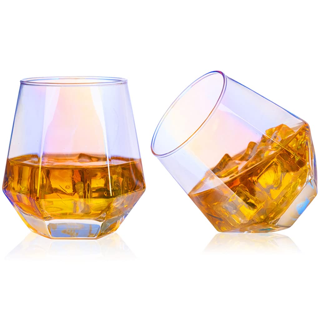 Diamond Wine Glasses Set of 4 Rocks Glasses Whiskey Glasses 10 oz Crystal Bourbon,Cognac,Scotch,Cocktails Glass Unique Christmas Father's Day Gifts (Gold Rainbow, 4)