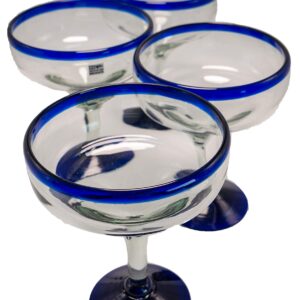 EMPORION Set of 4 Hand-Blown Margarita Glasses from Mexico with Cobalt Blue Rim - Rustic & Handcrafted Recycled Bubble Glass Drinking Glassware - 14 Oz