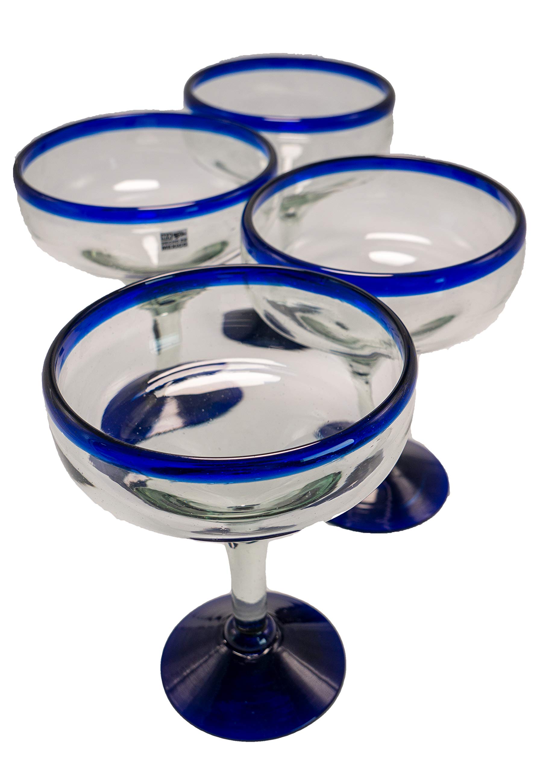 EMPORION Set of 4 Hand-Blown Margarita Glasses from Mexico with Cobalt Blue Rim - Rustic & Handcrafted Recycled Bubble Glass Drinking Glassware - 14 Oz